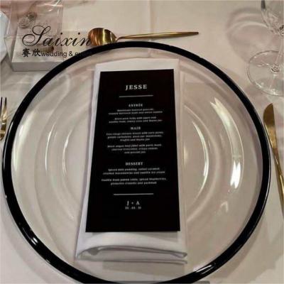 China 14 Inch 12 Inch 8 Inch Clear Glass Charger Plates with Black Rim for Wedding Events and Formal Dining for sale