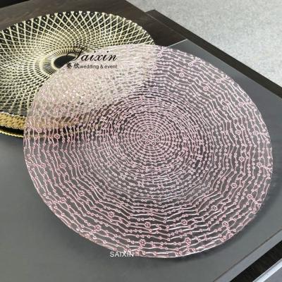 China 32cm Transparent Pink Glass Charger Plate for Wedding Party Decoration for sale