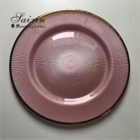 China Wholesale Luxury Glass Charger Plates 32cm Golden Edge Pink Stripe Rounded for Weddings for sale