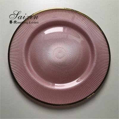 China Wholesale Luxury Glass Charger Plates 32cm Golden Edge Pink Stripe Rounded for Weddings for sale