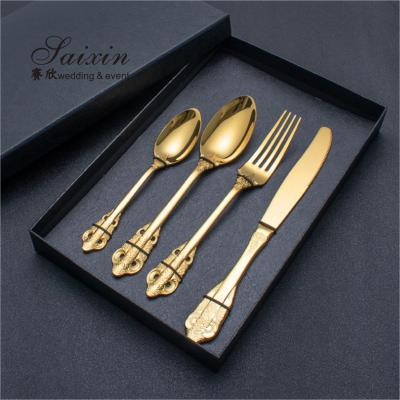 China Luxury Vintage Stainless Steel Cutlery Set 4 Pieces Knife Fork Spoon 19cm Gold Silver for sale