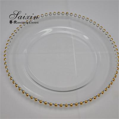 China 12 Inch Beaded Glass Charger Plate with Gold Trim for Wedding Events 32cm for sale