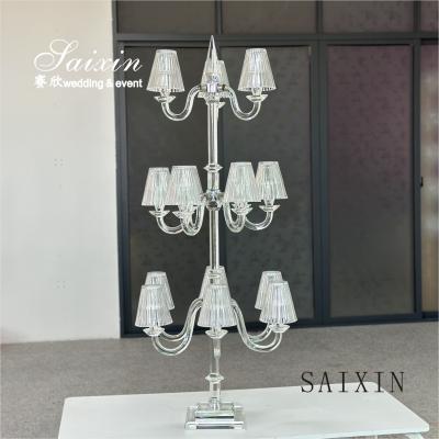 China 3 Layer Glass Candelabra Centerpiece 15 Arms Candle Holder 130cm Height for Wedding Decor for sale