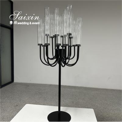 China 20 Arms Black Metal Candelabra 150cm Tall Wedding Centerpiece Decorative Candle Holder for sale