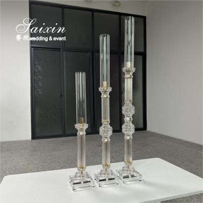 China 3 Pcs Tall Crystal Gold Metal Candlestick Set 102cm 90cm 67cm for Wedding Table Decor for sale