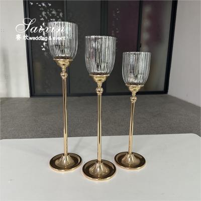 China 3 Pcs Set Gold Base Silver Glasses Candlestick 50 55 60cm Wedding Centerpiece for sale