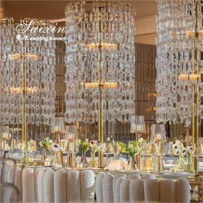 China Gold Wedding Centerpiece Candle Holder Flower Stand 132cm with Crystal Chains for sale