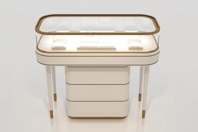 China Cream Champagne Glass Jewelry Showcase Rounded Edge Triple Drawer Jewellery Display for sale