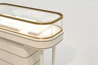 China Cream Champagne Glass Jewelry Showcase Rounded Edge Triple Drawer Jewellery Display for sale