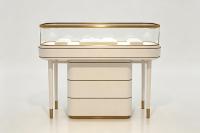 China Cream Champagne Glass Jewelry Showcase Rounded Edge Triple Drawer Jewellery Display for sale