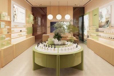 China Minimalist Pastel Green Circular Perfume Display Cabinet With Wall Mount Storage Cabinets and Multi-Layer Classified Display for sale