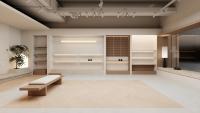 China Minimalist Natural Light Wood Shoe Shop Display Cabinet Set Recessed LED Wall Shoe Display Shelves Solid Wood Reception Counter For Sneaker & Leather Shoe Boutique for sale