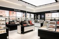 China Black White Cosmetic Shop Display Cabinet Full Makeup Store Fixture for sale