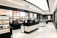 China Black White Cosmetic Shop Display Cabinet Full Makeup Store Fixture for sale