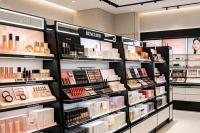 China Black White Cosmetic Shop Display Cabinet Full Makeup Store Fixture for sale