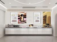 China Custom Luxury Skincare Store Fixture Complete Display Cabinet With Brand Poster Wall & Large Storage Drawers for sale