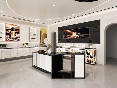 China Custom Luxury Skincare Store Fixture Complete Display Cabinet With Brand Poster Wall & Large Storage Drawers for sale