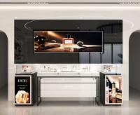 China Custom Luxury Skincare Store Fixture Complete Display Cabinet With Brand Poster Wall & Large Storage Drawers for sale