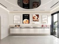 China Custom Luxury Skincare Store Fixture Complete Display Cabinet With Brand Poster Wall & Large Storage Drawers for sale