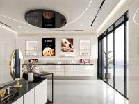 China Custom Luxury Skincare Store Fixture Complete Display Cabinet With Brand Poster Wall & Large Storage Drawers for sale