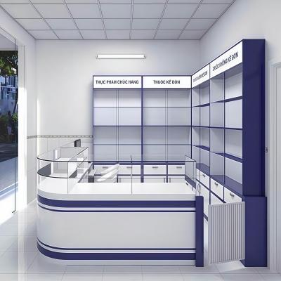 China Custom Pharmacy Display Cabinet and Medical Store Wall Shelving for Professional Drugstore Retail Interior Design for sale