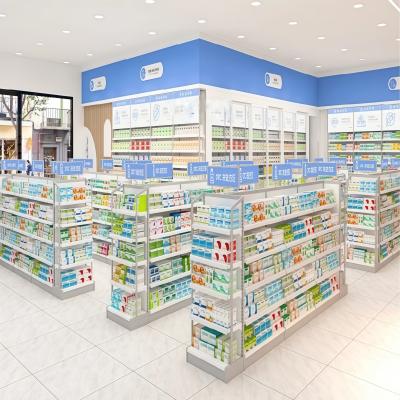 China Custom Pharmacy Display Rack and Medical Store Wooden Shelving for Retail Drugshop Interior Decoration for sale