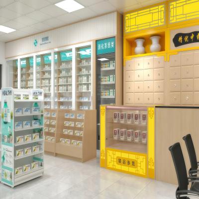 China Pharmacy Store Display Furniture and Custom Medical Wall Cabinets for Retail Drugshop Interior Layout for sale
