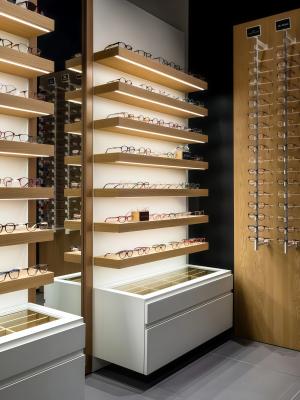 China Optical Shop Sunglasses Display Furniture Commercial Retail Fixture Solution LED Strip Lights Heavy Duty Eco-Friendly Solid Back for sale