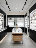 China Contemporary Wooden Optical Display Cabinets Custom Eyewear Showcase with LED Lights for sale
