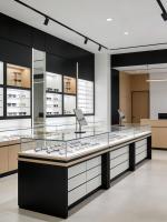 China Contemporary Wooden Optical Display Cabinets Custom Eyewear Showcase with LED Lights for sale
