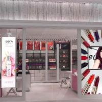 China Luxury Eco-Friendly Waterproof Cosmetics Display Cabinet Tempered Glass Shelves LED Lighting Customizable Size Color for Retail for sale