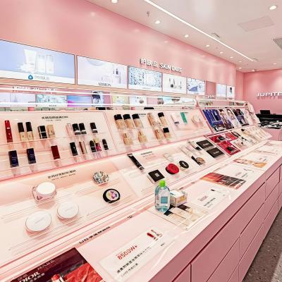 China Custom Display Counter Modern Acrylic Cosmetic Showcase Shelves for Retail Shop Pharmacy Store Beauty Products Display Stand for sale