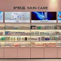 China Custom Display Counter Modern Acrylic Cosmetic Showcase Shelves for Retail Shop Pharmacy Store Beauty Products Display Stand for sale