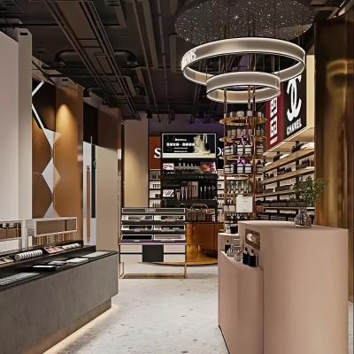 China Luxury Custom LED Lighting Perfume Display Showcase Solid Wood Cosmetic Store Retail Shelves Counter Fittings for sale