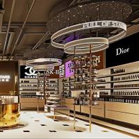 China Luxury Custom LED Lighting Perfume Display Showcase Solid Wood Cosmetic Store Retail Shelves Counter Fittings for sale
