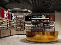 China Luxury Custom LED Lighting Perfume Display Showcase Solid Wood Cosmetic Store Retail Shelves Counter Fittings for sale