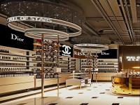 China Luxury Custom LED Lighting Perfume Display Showcase Solid Wood Cosmetic Store Retail Shelves Counter Fittings for sale