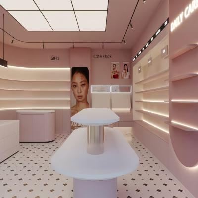 China Custom Modern Wooden Cosmetic Display Counter with LED  Beauty Product Showcase  for Contemporary Cosmetic Store Interior Design for sale