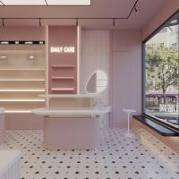 China Custom Modern Wooden Cosmetic Display Counter with LED  Beauty Product Showcase  for Contemporary Cosmetic Store Interior Design for sale