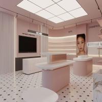 China Custom Modern Wooden Cosmetic Display Counter with LED  Beauty Product Showcase  for Contemporary Cosmetic Store Interior Design for sale