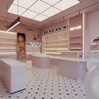 China Custom Modern Wooden Cosmetic Display Counter with LED  Beauty Product Showcase  for Contemporary Cosmetic Store Interior Design for sale