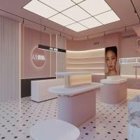 China Custom Modern Wooden Cosmetic Display Counter with LED  Beauty Product Showcase  for Contemporary Cosmetic Store Interior Design for sale