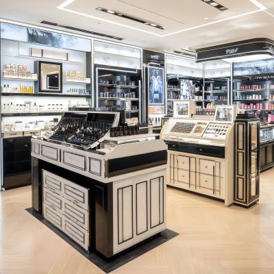 China High End LED Makeup Shelves Beauty Gondola Display Rack With Mirror Shop Interior Design for sale