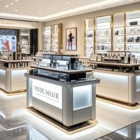 China High End LED Makeup Shelves Beauty Gondola Display Rack With Mirror Shop Interior Design for sale