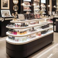 China High End LED Makeup Shelves Beauty Gondola Display Rack With Mirror Shop Interior Design for sale