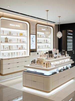 China Modern Cosmetic Display Stand for Retail Stores Makeup Vanity Table and Wall Shelf Set for sale