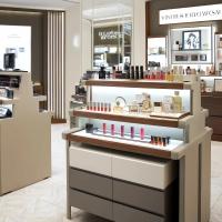 China Modern Cosmetic Display Stand for Retail Stores Makeup Vanity Table and Wall Shelf Set for sale