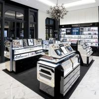 China Modern Cosmetic Display Stand for Retail Stores Makeup Vanity Table and Wall Shelf Set for sale