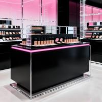 China Pink LED Illuminated Wooden Cosmetic Display Shelf  Custom Beauty Shop Showcase, Skincare Wall Cabinet for sale