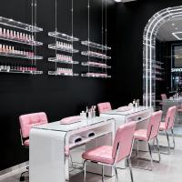 China Pink LED Illuminated Wooden Cosmetic Display Shelf  Custom Beauty Shop Showcase, Skincare Wall Cabinet for sale
